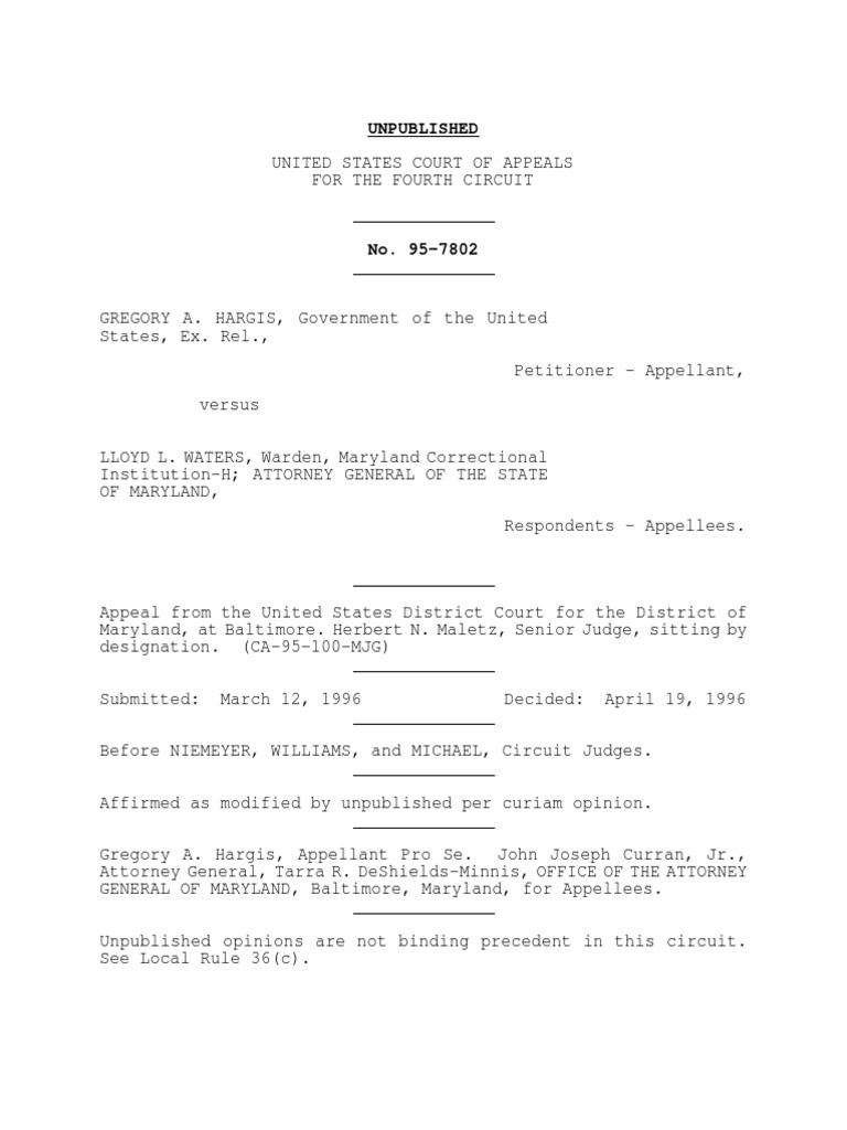 Hargis v. Waters, 4th Cir. (1996) | PDF | United States District Court ...