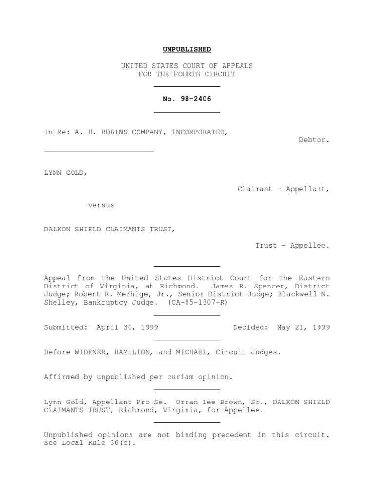 Gold v. Dalkon Shield Trust, 4th Cir. (1999) | PDF | Politics | Social ...