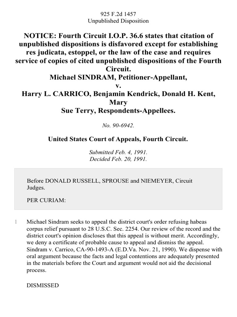 Michael Sindram v. Harry L. Carrico, Benjamin Kendrick, Donald H. Kent ...