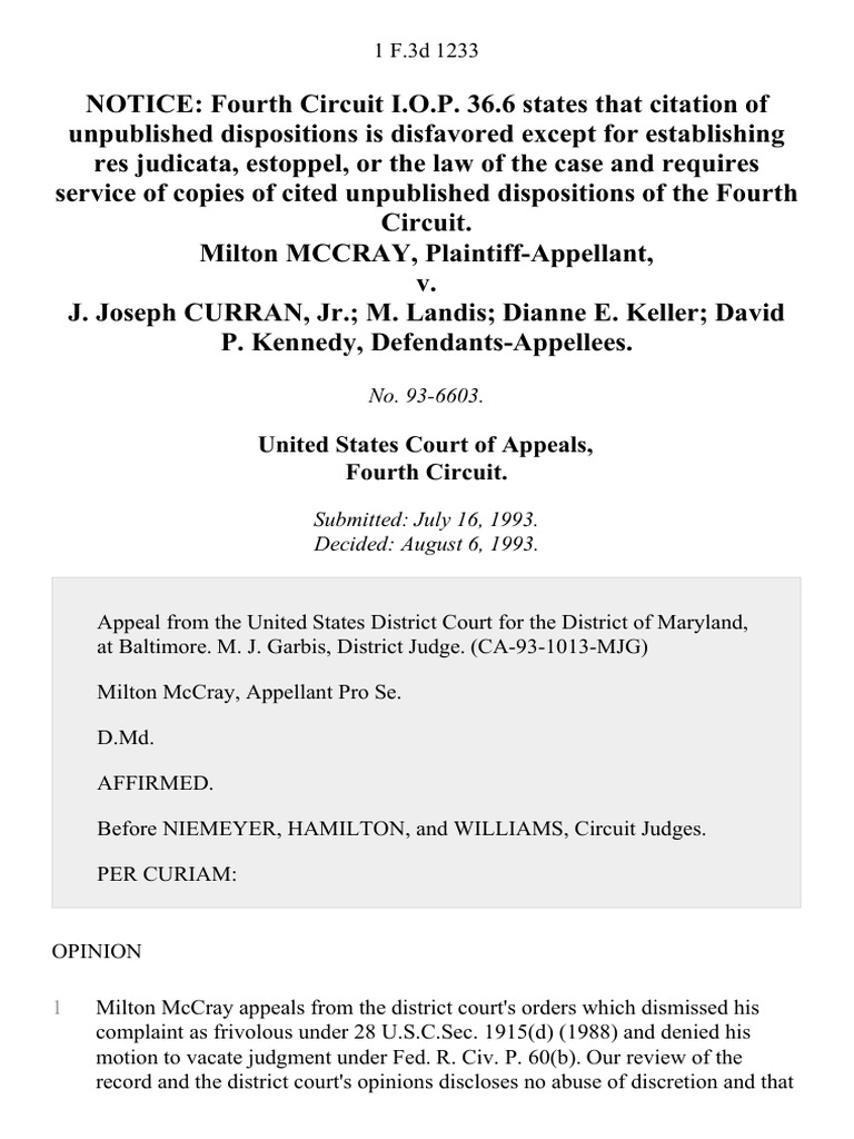 Milton McCray v. J. Joseph Curran, Jr. M. Landis Dianne E. Keller David ...