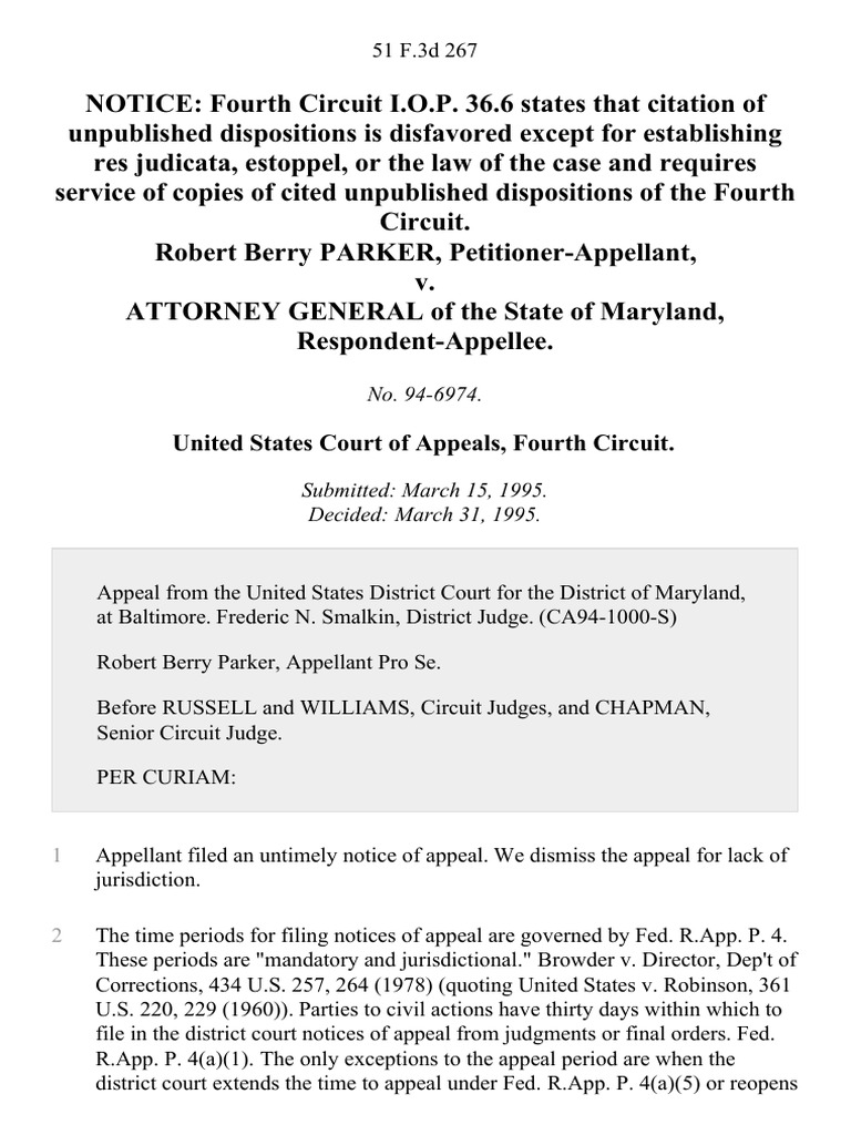 Robert Berry Parker v. Attorney General of The State of Maryland, 51 F ...