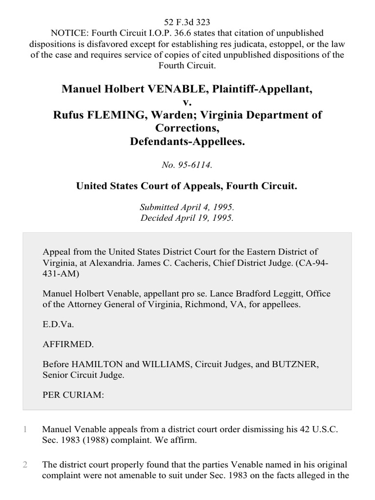Manuel Holbert Venable v. Rufus Fleming, Warden Virginia Department of Corrections, 52 F.3d 323 ...