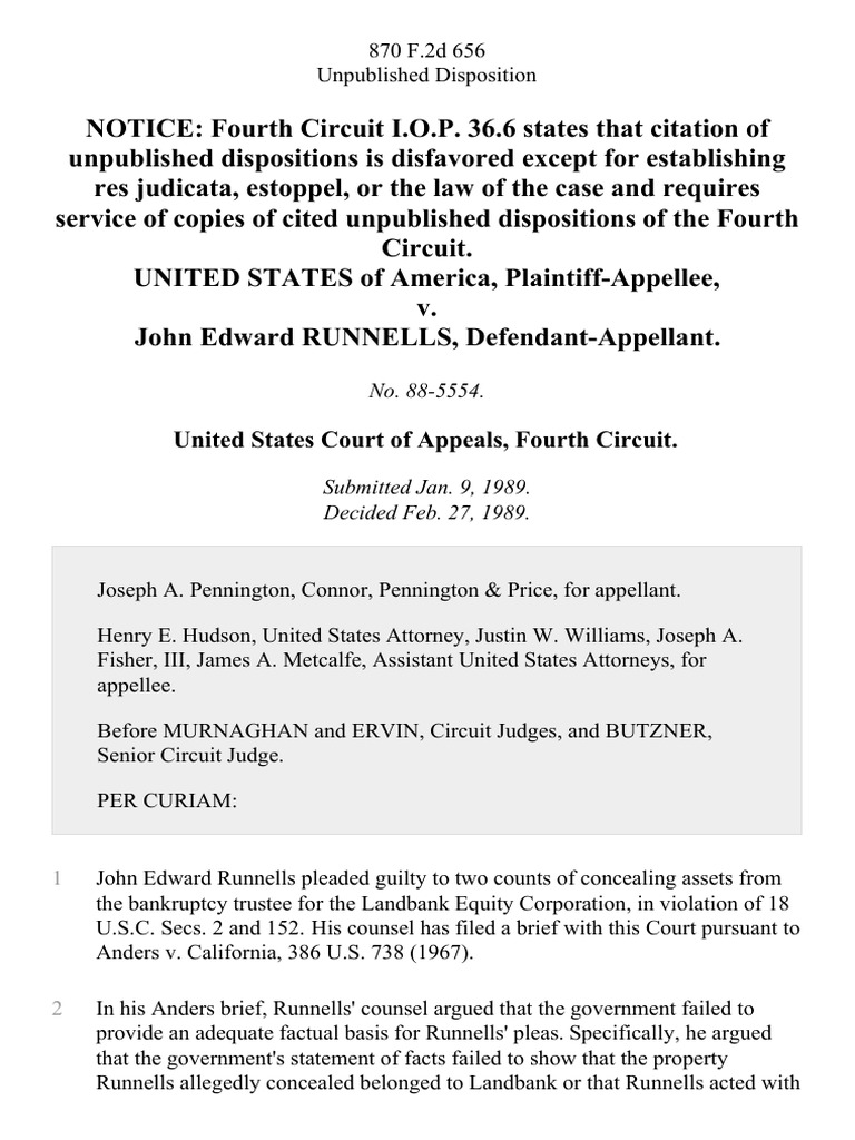United States v. John Edward Runnells, 870 F.2d 656, 4th Cir. (1989) | PDF