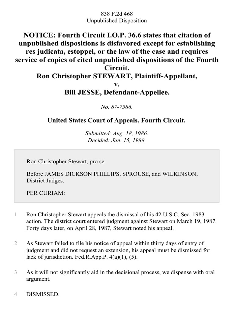 Ron Christopher Stewart v. Bill Jesse, 838 F.2d 468, 4th Cir. (1988) | PDF