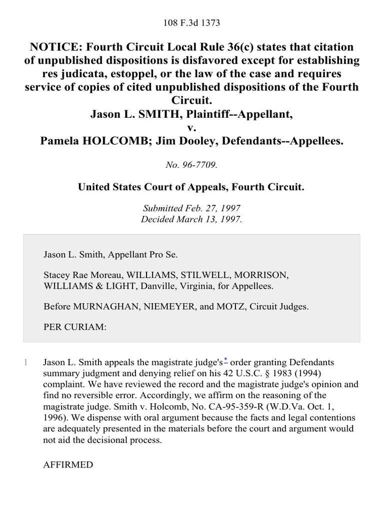 Jason L. Smith v. Pamela Holcomb Jim Dooley, 108 F.3d 1373, 4th Cir. (1997) | PDF