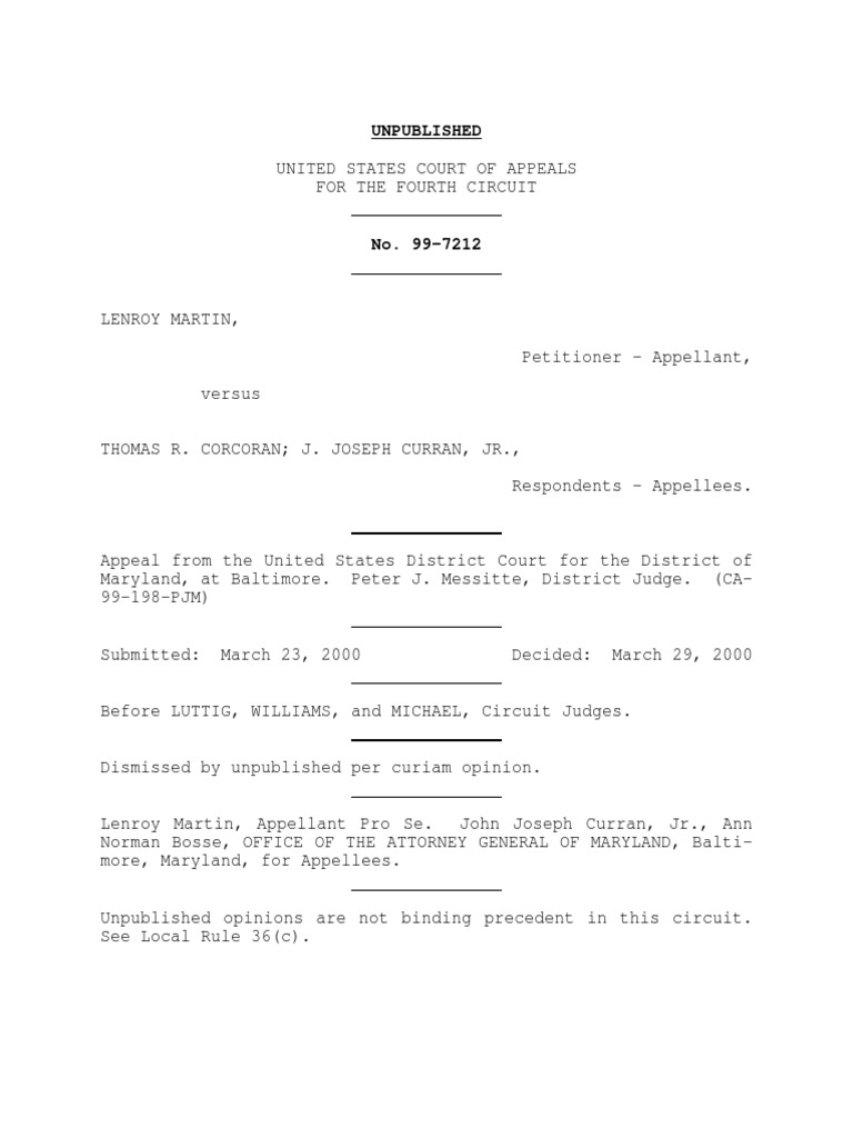 Martin v. Corcoran, 4th Cir. (2000) | PDF | Law