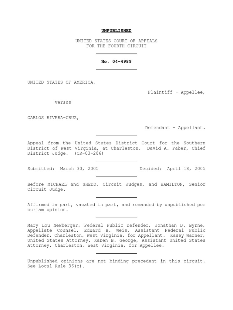 United States v. Rivera-Cruz, 4th Cir. (2005) | PDF | Politics | Social ...