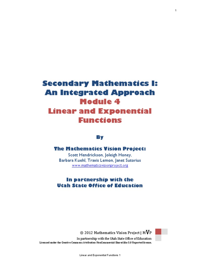 Secondary Mathematics I: An Integrated Approach: Linear and Exponential ...