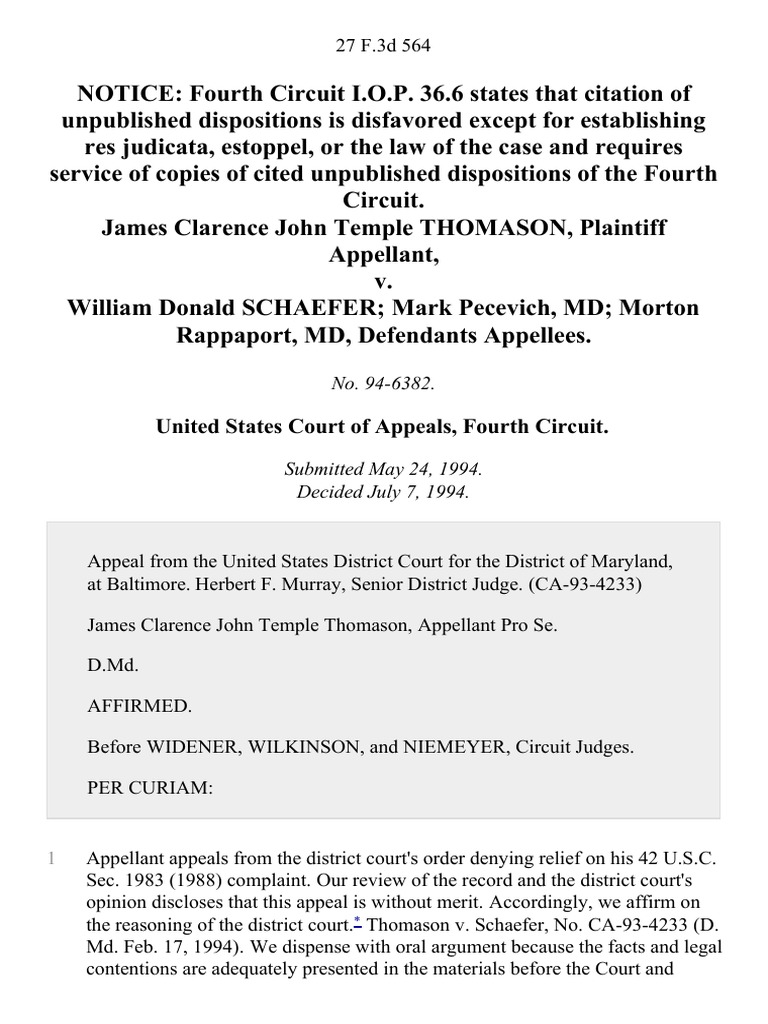 James Clarence John Temple Thomason v. William Donald Schaefer Mark ...