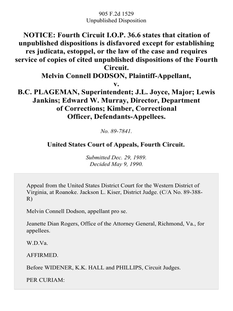 Dodson v. Plageman: Fourth Circuit Appeal | PDF