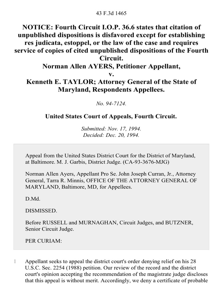 Norman Allen Ayers v. Kenneth E. Taylor Attorney General of The State of Maryland, 43 F.3d 1465 ...