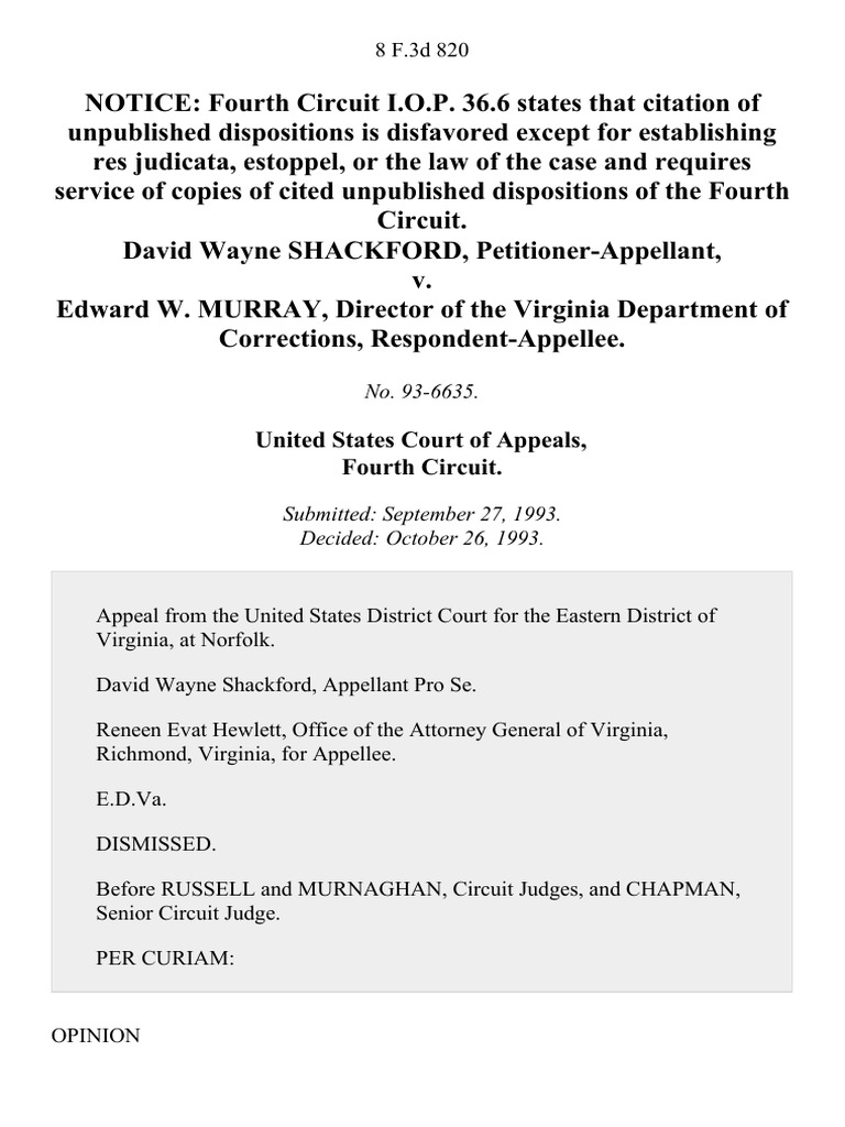 David Wayne Shackford v. Edward W. Murray, Director of The Virginia ...