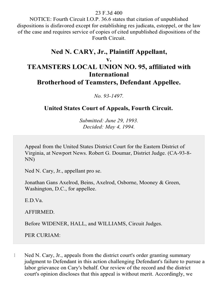 Ned N. Cary, Jr. v. Teamsters Local Union No. 95, Affiliated With ...