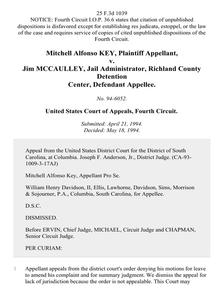 Mitchell Alfonso Key v. Jim McCaulley Jail Administrator, Richland ...