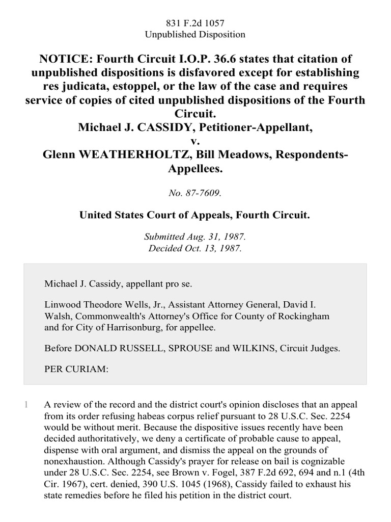 Michael J. Cassidy v. Glenn Weatherholtz, Bill Meadows, 831 F.2d 1057 ...