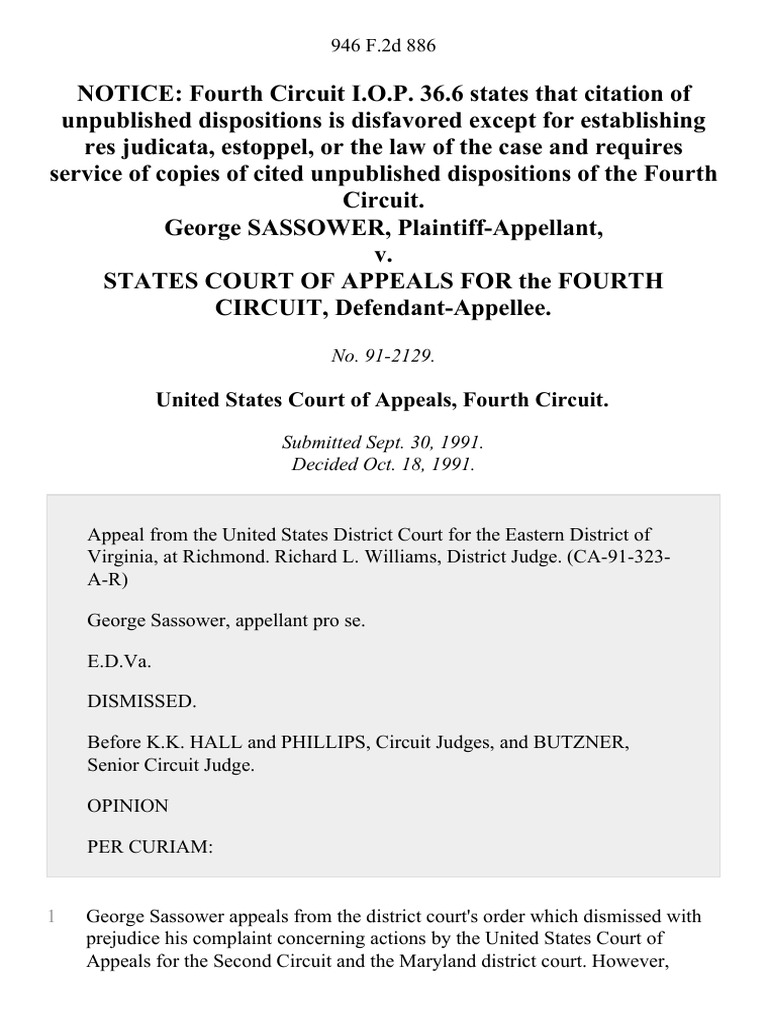 George Sassower v. States Court of Appeals For The Fourth Circuit, 946 ...