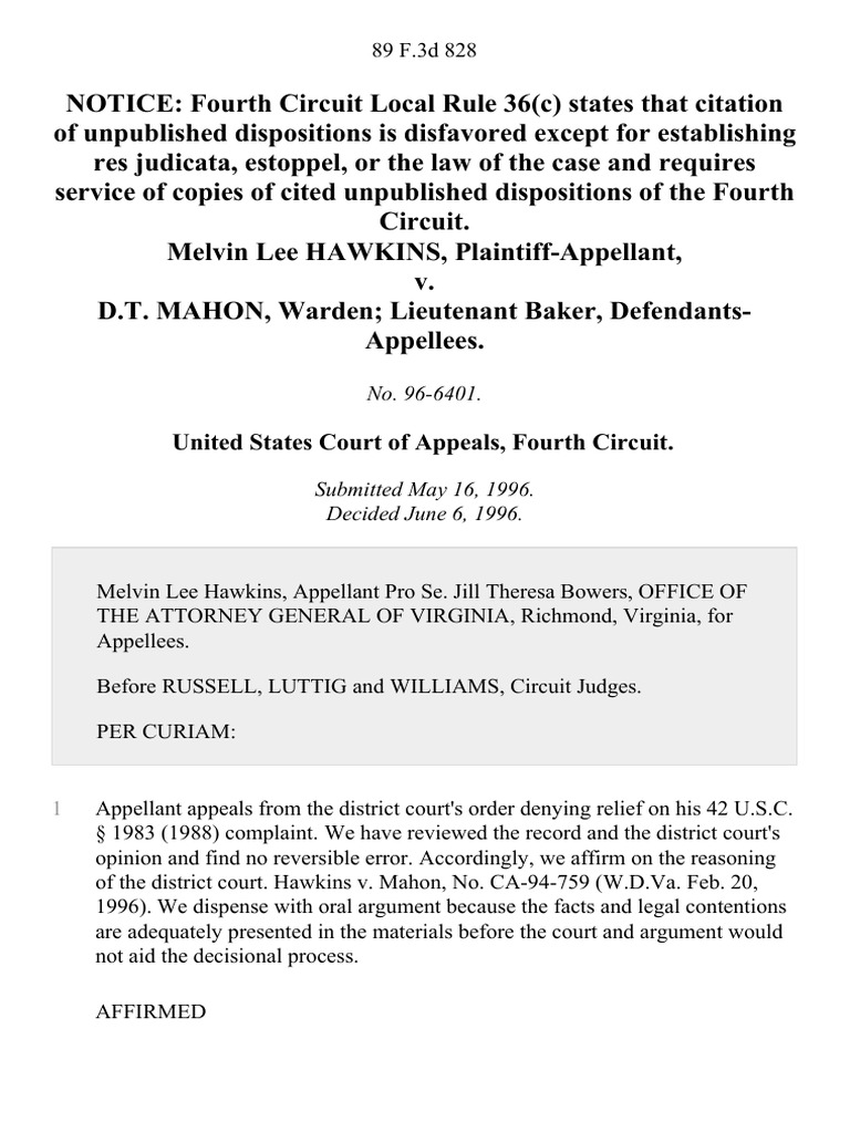 Melvin Lee Hawkins v. D.T. Mahon, Warden Lieutenant Baker, 89 F.3d 828 ...