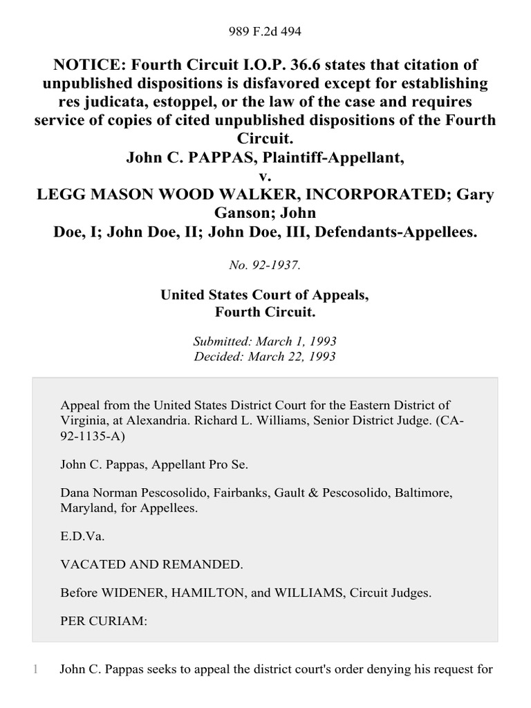 John C. Pappas v. Legg Mason Wood Walker, Incorporated Gary Ganson John ...