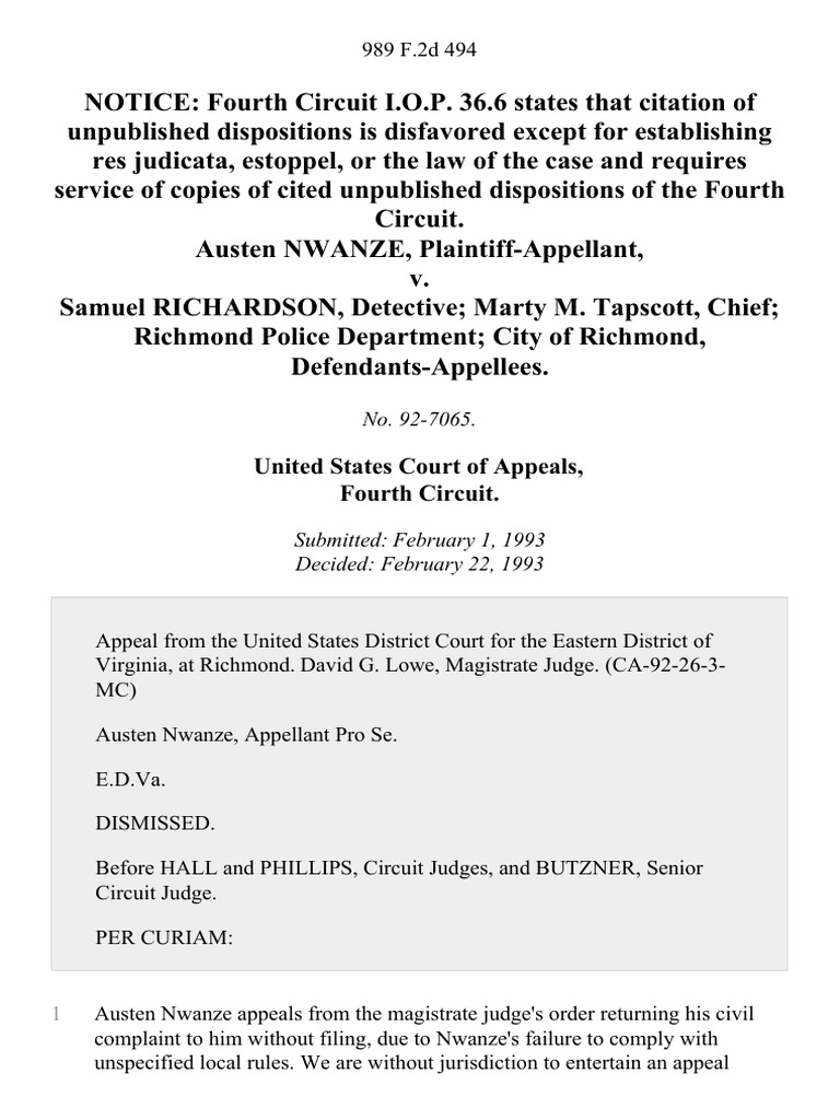 Austen Nwanze v. Samuel Richardson, Detective Marty M. Tapscott, Chief ...