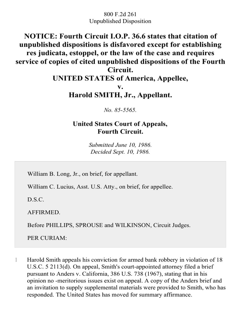 United States v. Harold Smith, JR., 800 F.2d 261, 4th Cir. (1986) | PDF