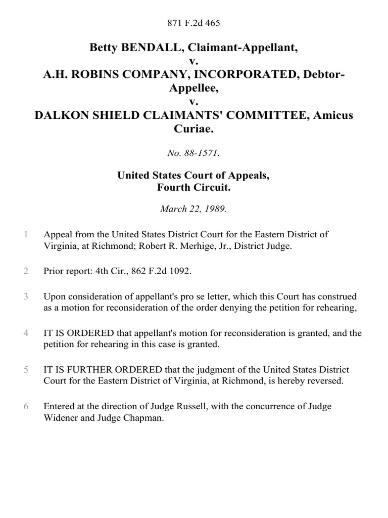 Betty BENDALL, Claimant-Appellant, v. A.H. Robins Company, Incorporated ...