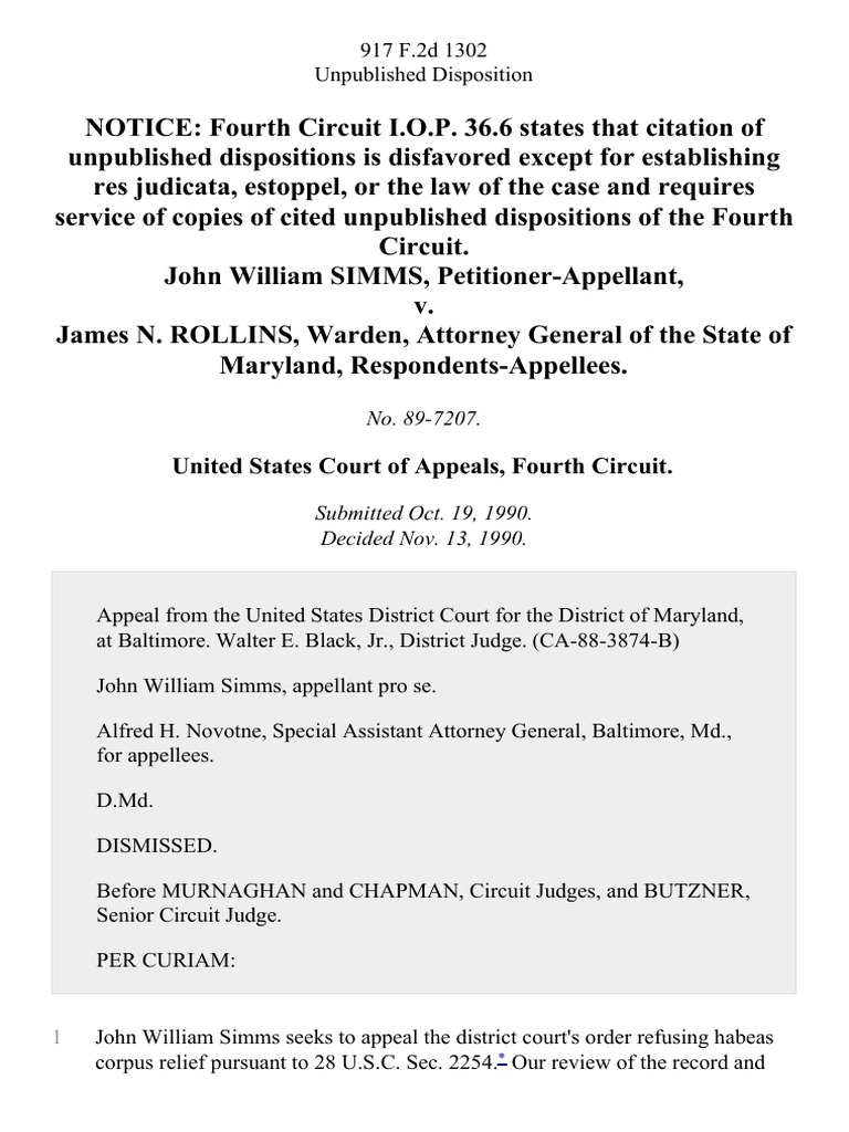 John William Simms v. James N. Rollins, Warden, Attorney General of The ...