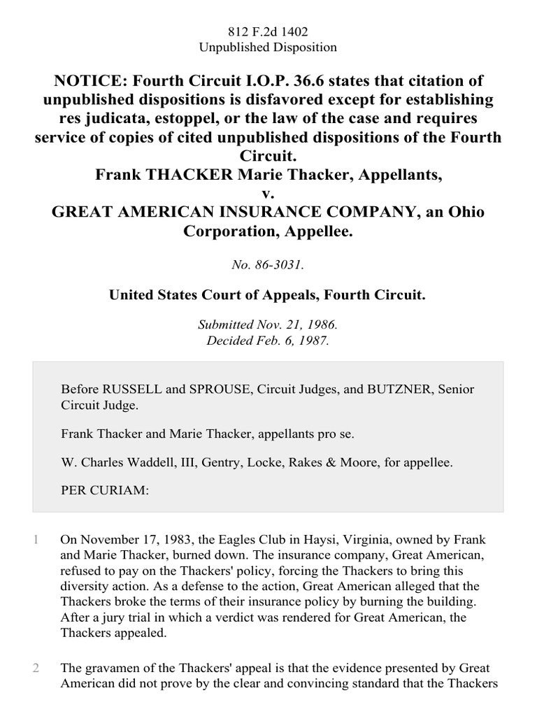 Frank Thacker Marie Thacker v. Great American Insurance Company, An ...