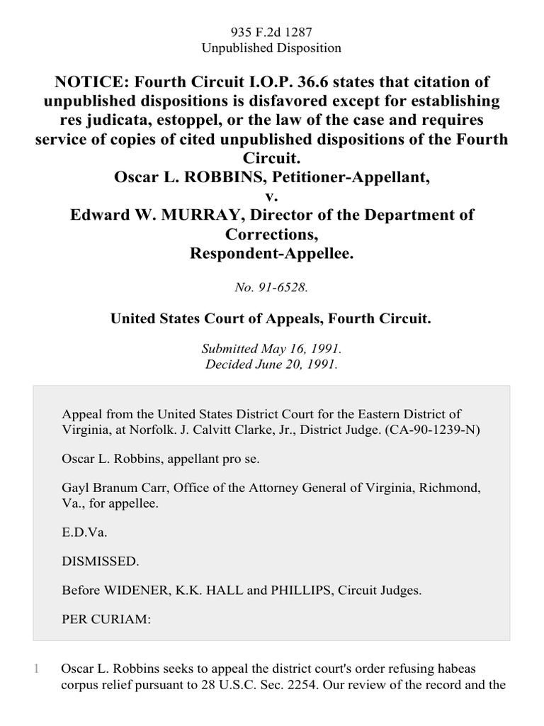 Oscar L. Robbins v. Edward W. Murray, Director of The Department of ...