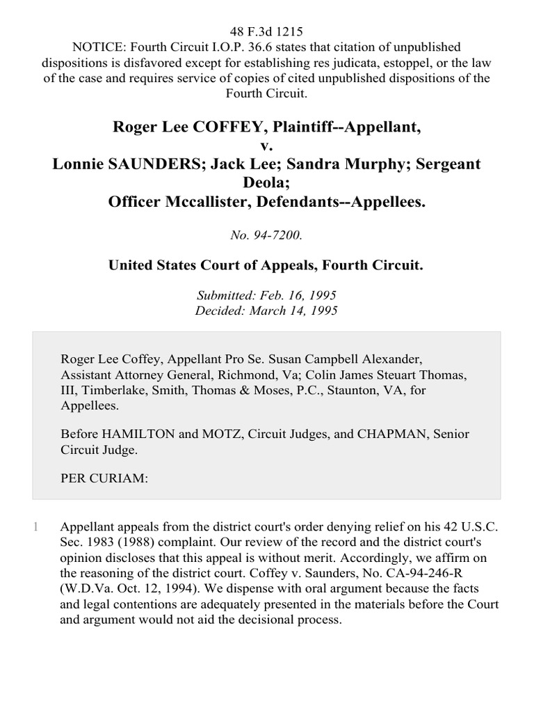 Fourth Circuit Ruling on Coffey v. Saunders | PDF | Social Science | Law