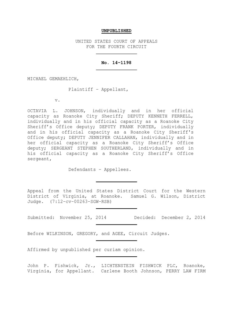 Michael Gemaehlich v. Octavia Johnson, 4th Cir. (2014) | PDF | Summary ...