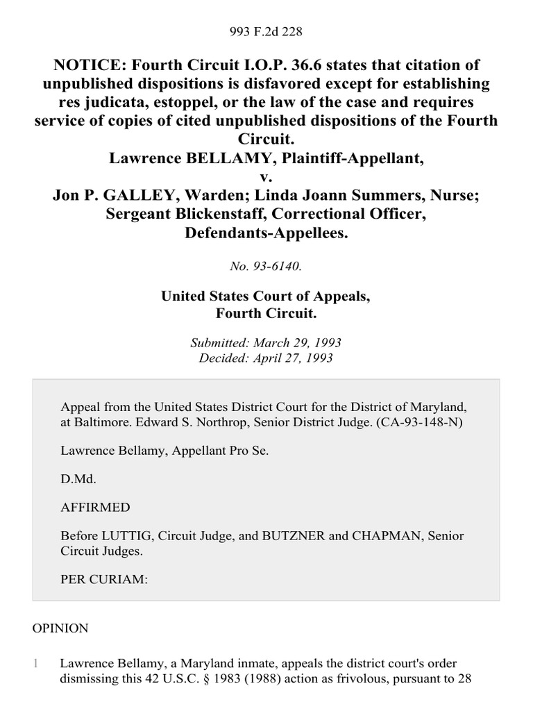 Lawrence Bellamy v. Jon P. Galley, Warden Linda Joann Summers, Nurse ...