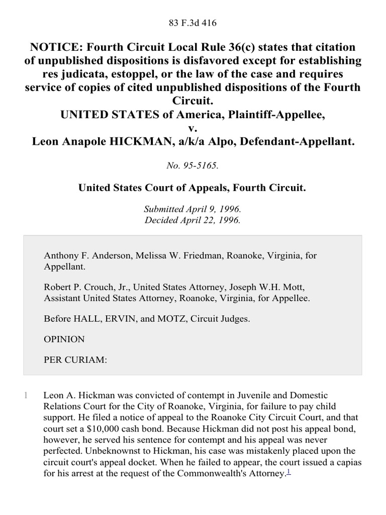 United States v. Leon Anapole Hickman, A/K/A Alpo, 83 F.3d 416, 4th Cir ...