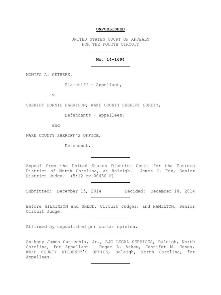 Monifa Gethers v. Donnie Harrison, 4th Cir. (2014) | PDF | Appeal ...