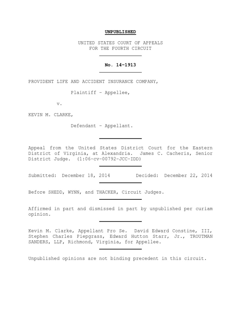 Provident Life & Accident Insurance v. Kevin Clarke, 4th Cir. (2014) | PDF