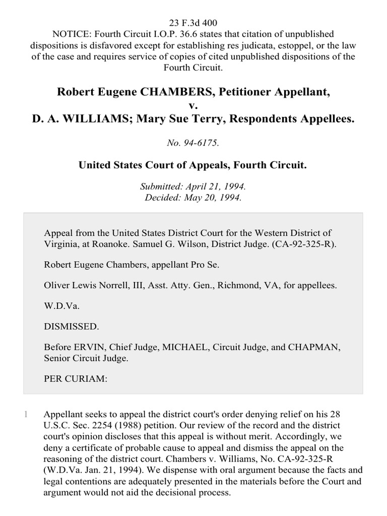 Robert Eugene Chambers v. D. A. Williams Mary Sue Terry, 23 F.3d 400 ...