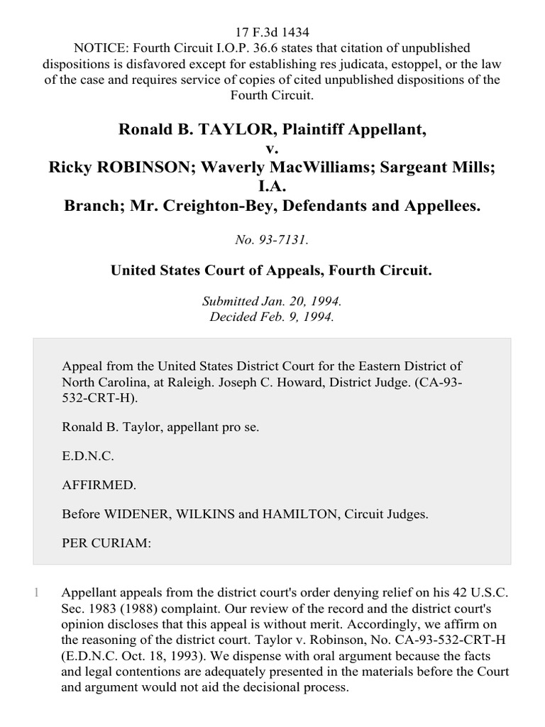 Ronald B. Taylor v. Ricky Robinson Waverly MacWilliams Sargeant Mills I ...