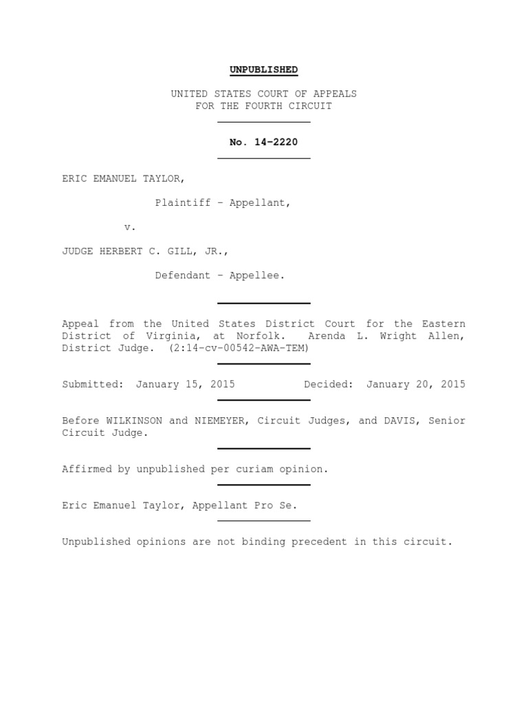 Eric Taylor v. Judge Herbert Gill, JR., 4th Cir. (2015) | PDF
