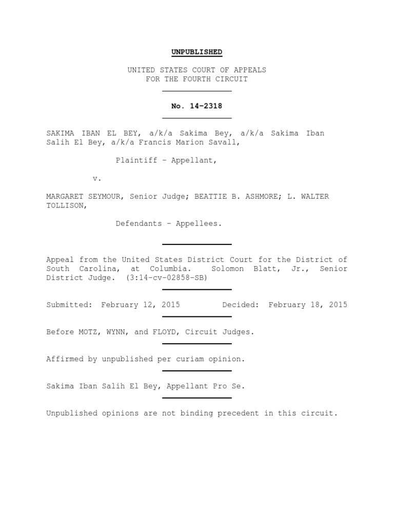 Sakima El Bey v. Margaret Seymour, 4th Cir. (2015) | PDF