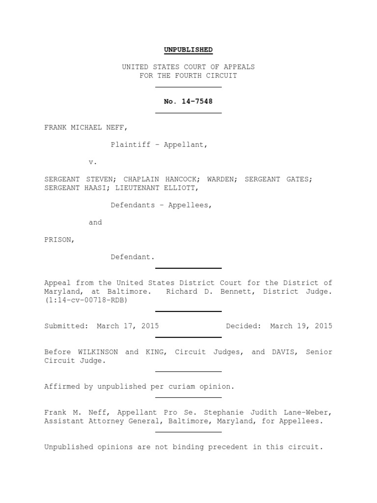 Frank Neff v. Sergeant Steven, 4th Cir. (2015) | PDF