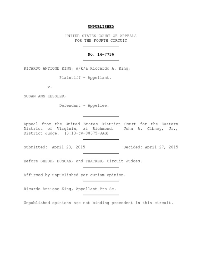Ricardo King v. Susan Kessler, 4th Cir. (2015) | PDF | Social Science