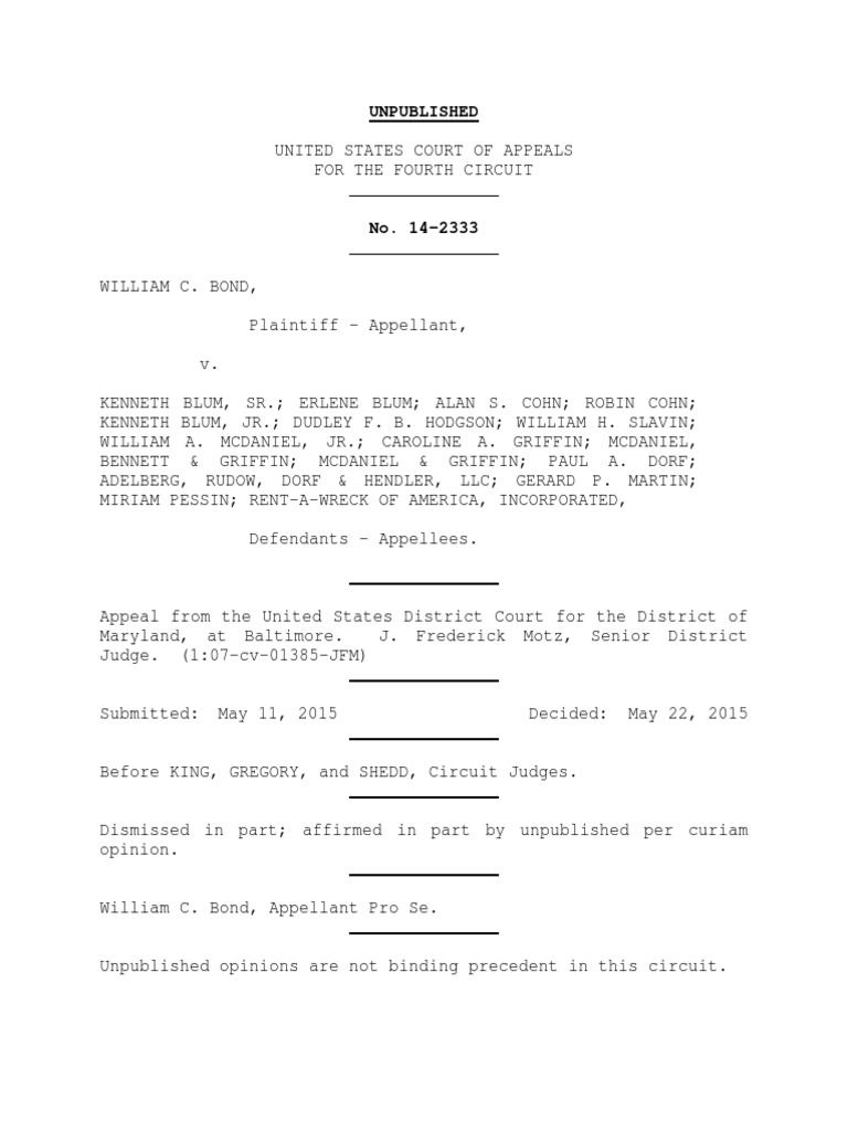 William Bond v. Kenneth Blum, SR., 4th Cir. (2015) | PDF | Appeal | Courts