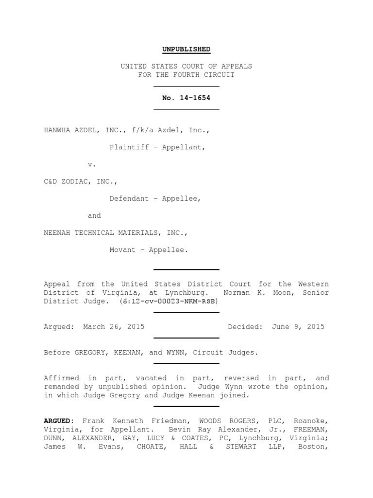 Hanwha Azdel, Inc. v. C&D Zodiac, Inc., 4th Cir. (2015) | PDF | Non ...