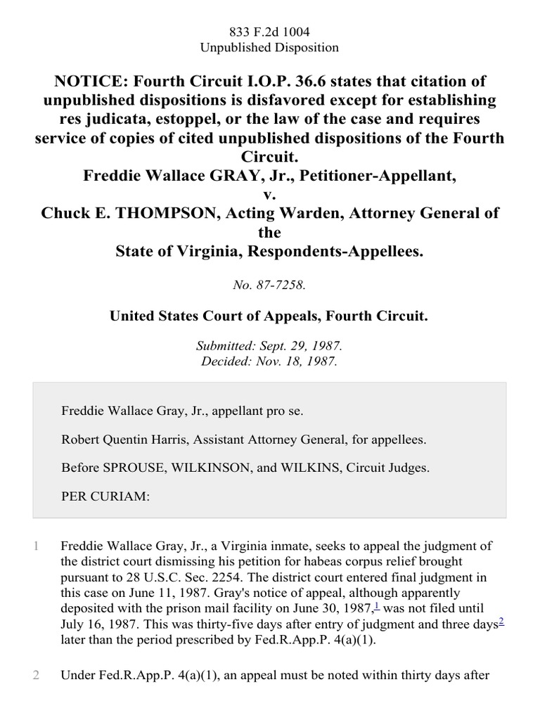 Freddie Wallace Gray, Jr. v. Chuck E. Thompson, Acting Warden, Attorney ...
