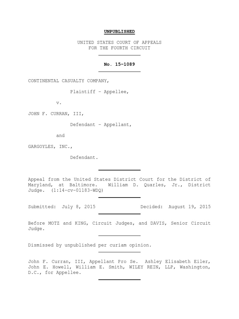 Continental Casualty Company v. John Curran, III, 4th Cir. (2015) | PDF