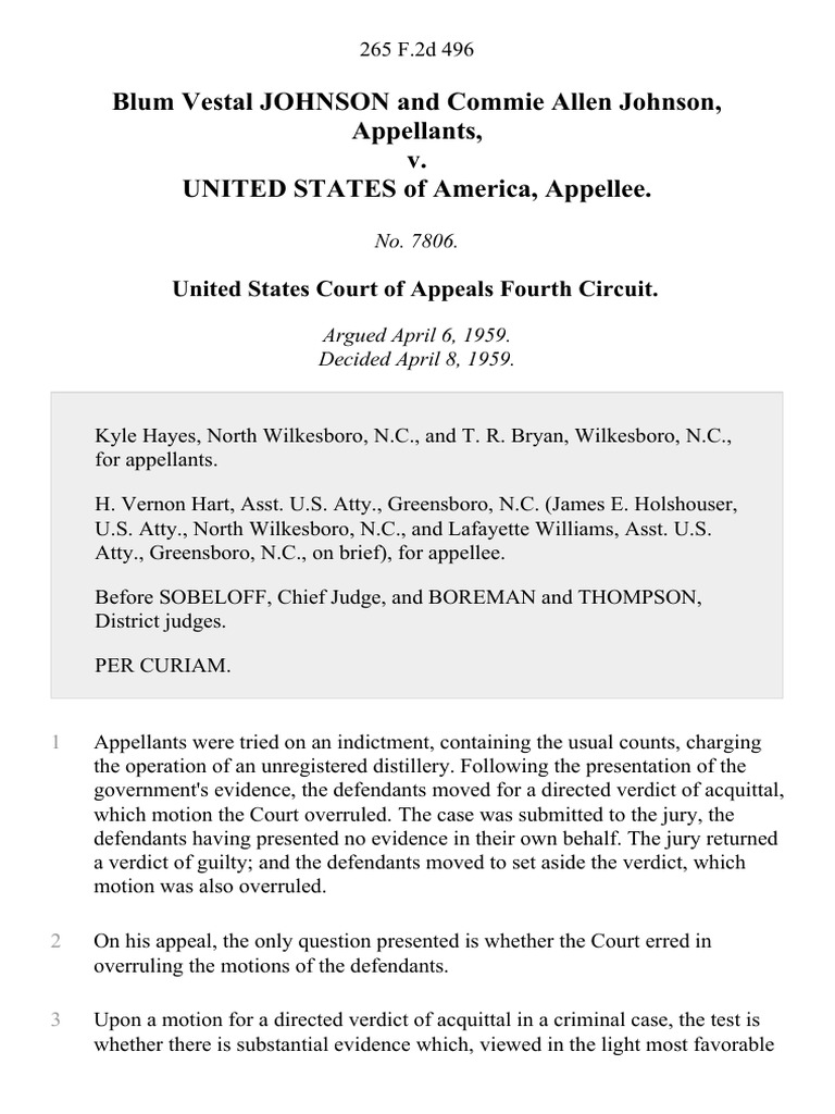 Blum Vestal Johnson and Commie Allen Johnson v. United States, 265 F.2d ...