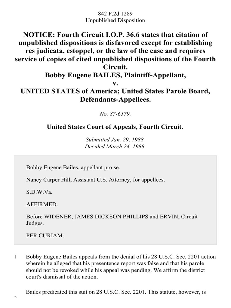 Bobby Eugene Bailes v. United States of America United States Parole ...