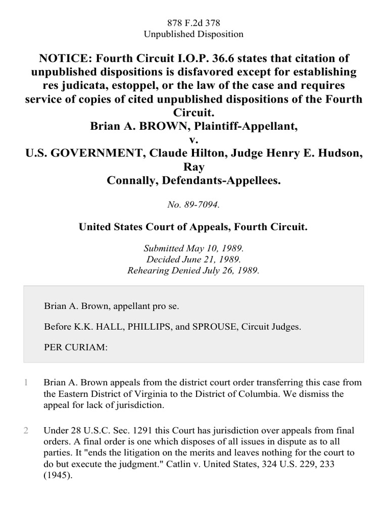 Brian A. Brown v. U.S. Government, Claude Hilton, Judge Henry E. Hudson ...