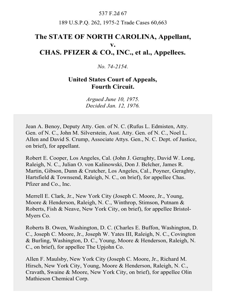 The State of North Carolina v. Chas. Pfizer & Co., Inc., 537 F.2d 67 ...