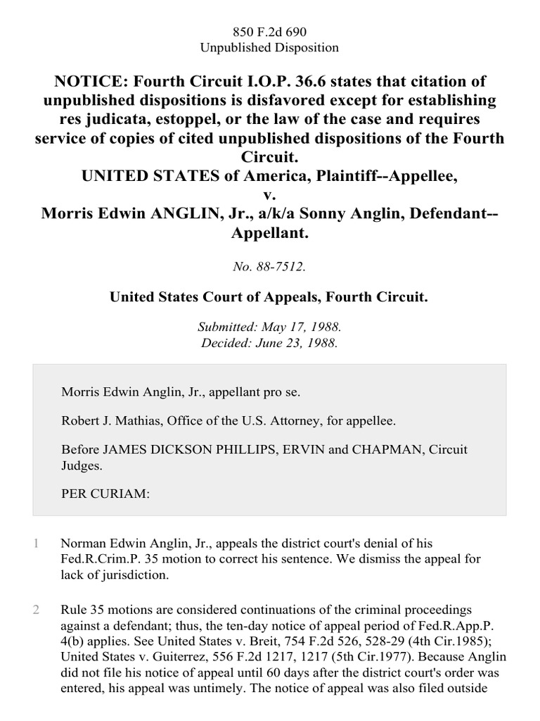 United States v. Morris Edwin Anglin, JR., A/K/A Sonny Anglin, 850 F.2d ...