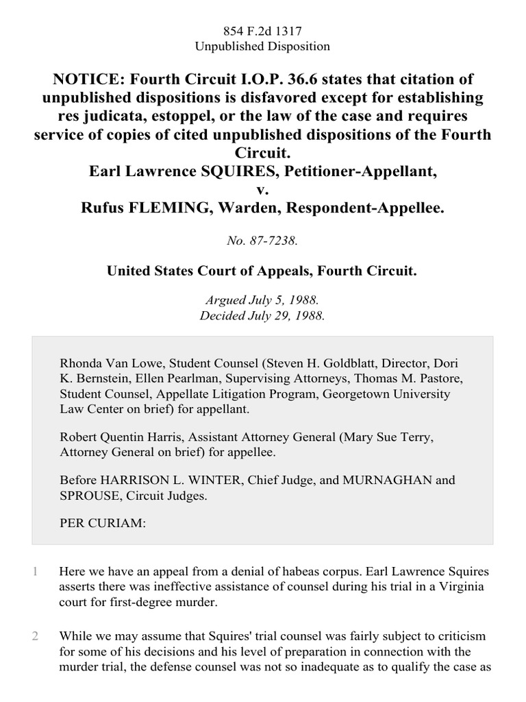 Earl Lawrence Squires v. Rufus Fleming, Warden, 854 F.2d 1317, 4th Cir ...